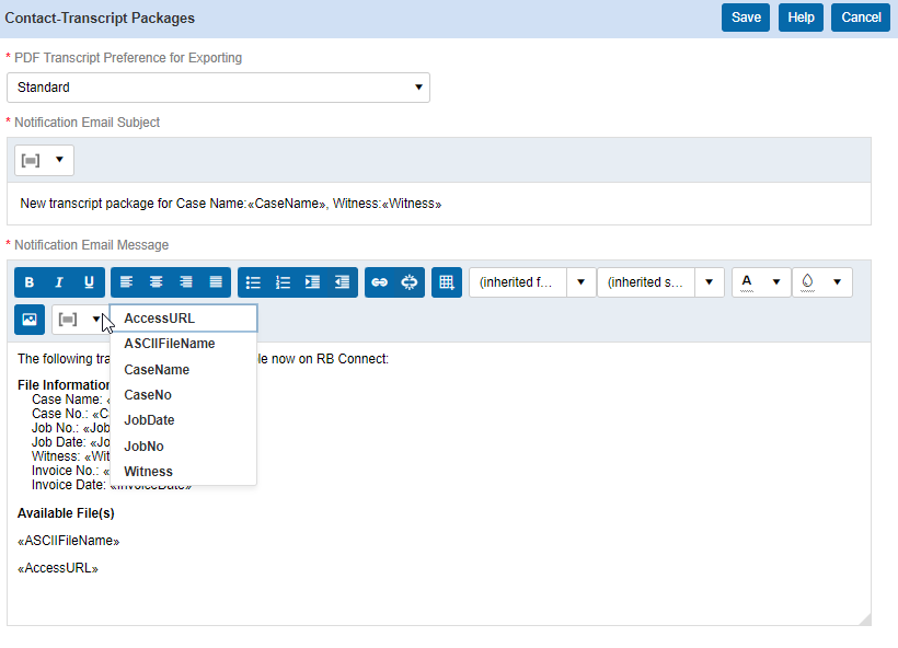 RB9 • Setting Contact Transcript Packages Connect preferences