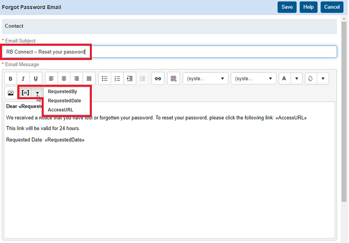 RB9 • Setting Forgot Password Email Connect preferences